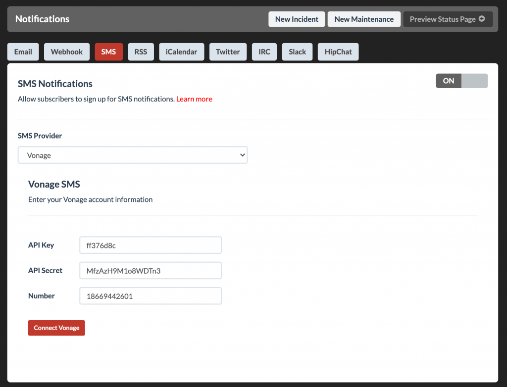 Vonage SMS Notifications | Status.io Knowledge Base