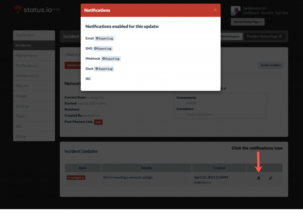 Notification Logs | Status.io Knowledge Base
